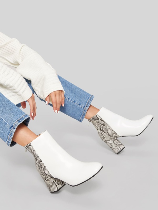 Almond Toe Two Tone Snake Block Heel Ankle Boots | SHEIN USA