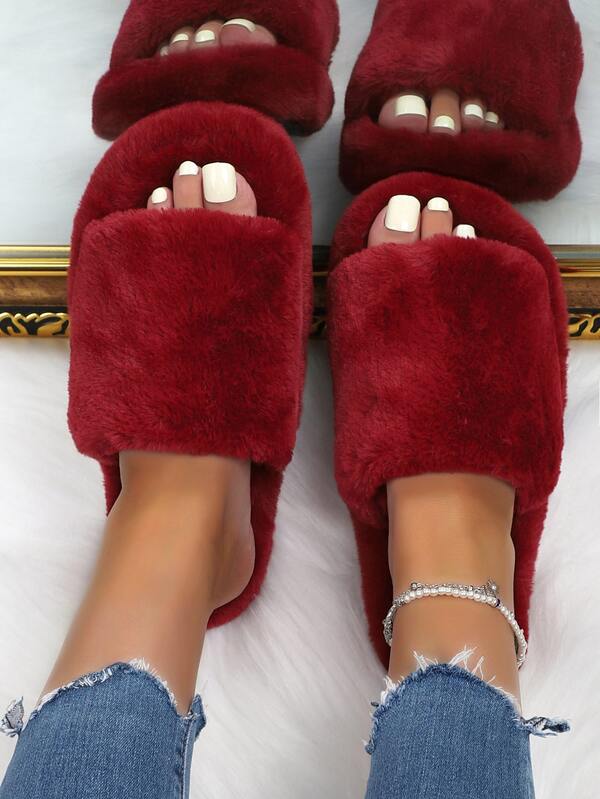Open Toe Wide Fit Fluffy Slippers | SHEIN USA