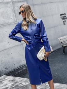 Button Through Ruched PU Dress | SHEIN USA