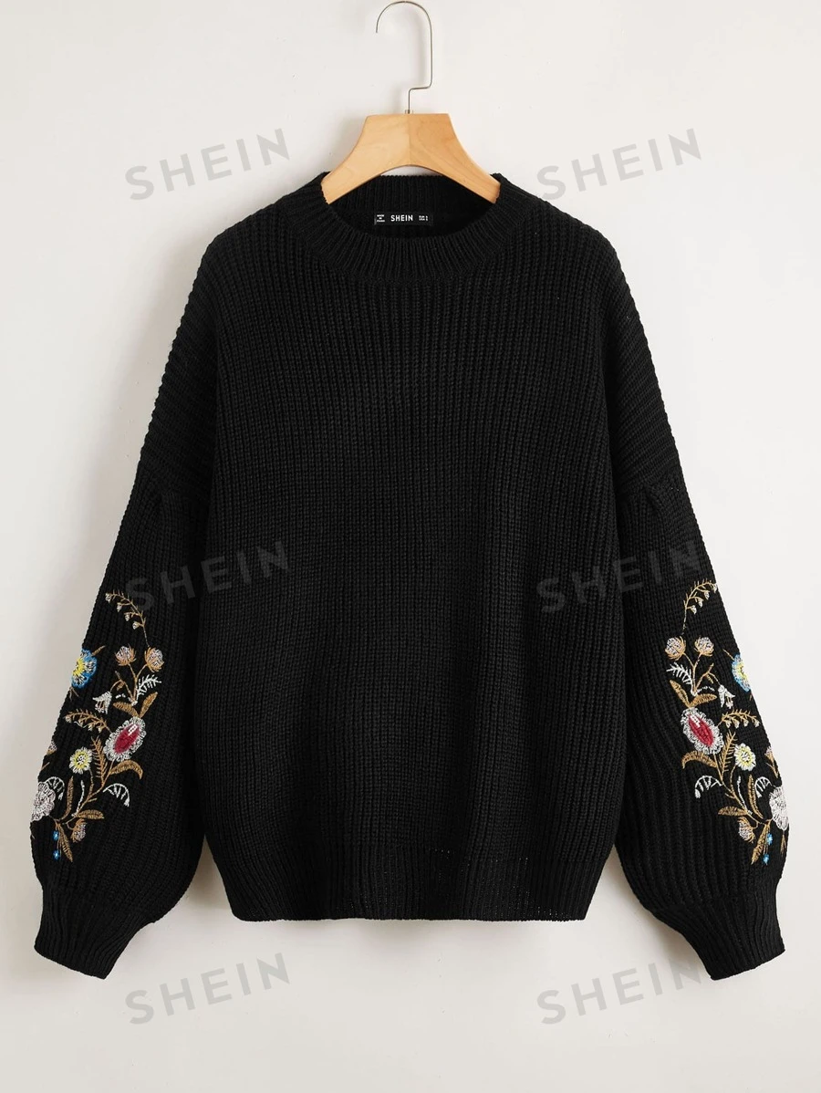 SHEIN LUNE Drop Shoulder Embroidery Floral Jumper | SHEIN UK