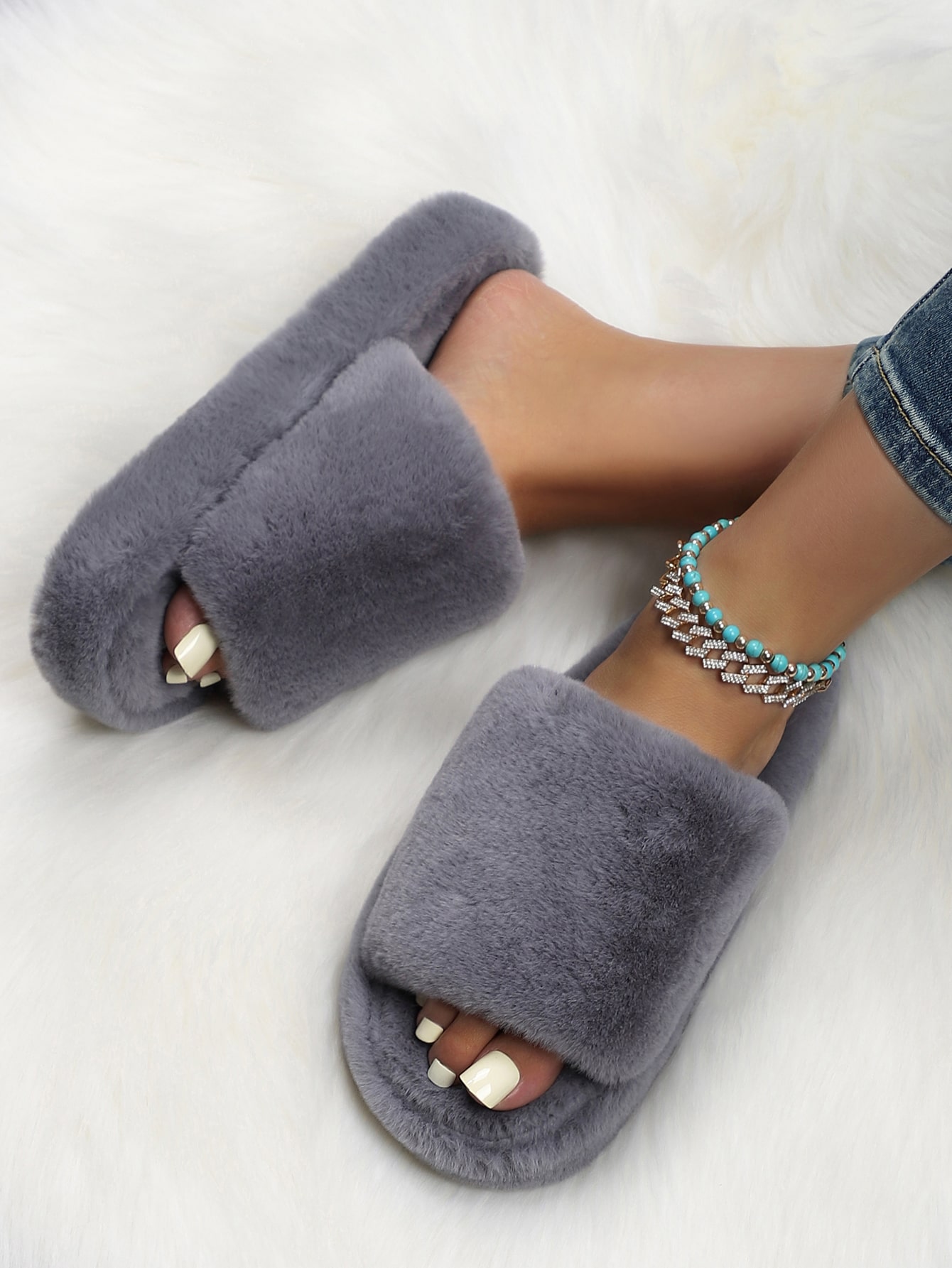 Open Toe Fluffy Slippers
