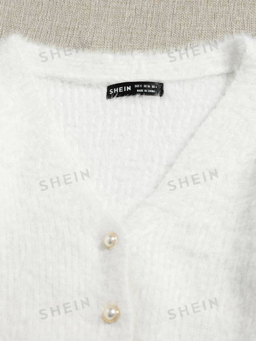 SHEIN EZwear Pearl Button Up Fuzzy Cardigan | SHEIN UK