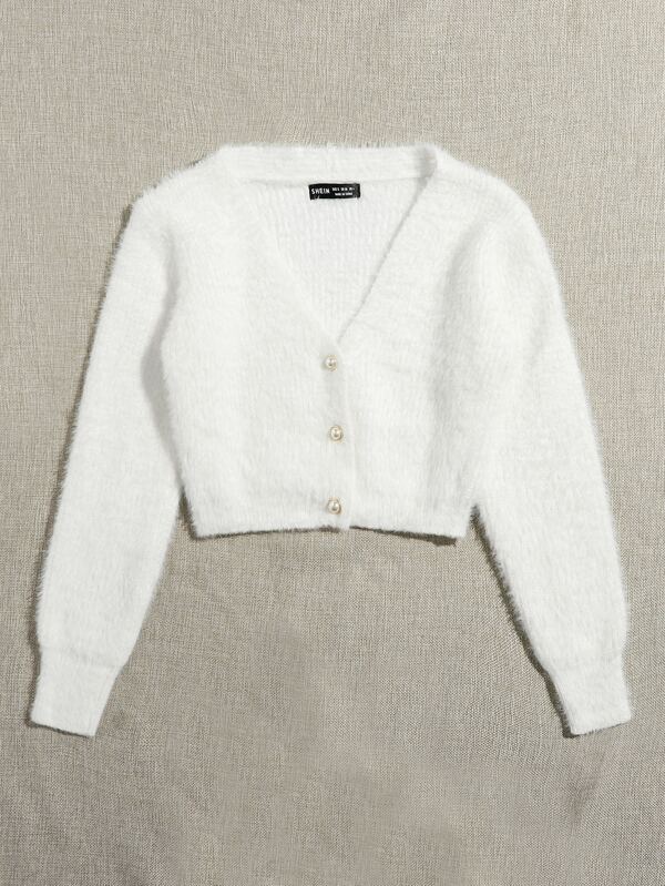 Pearl Button Up Fuzzy Cardigan | SHEIN USA