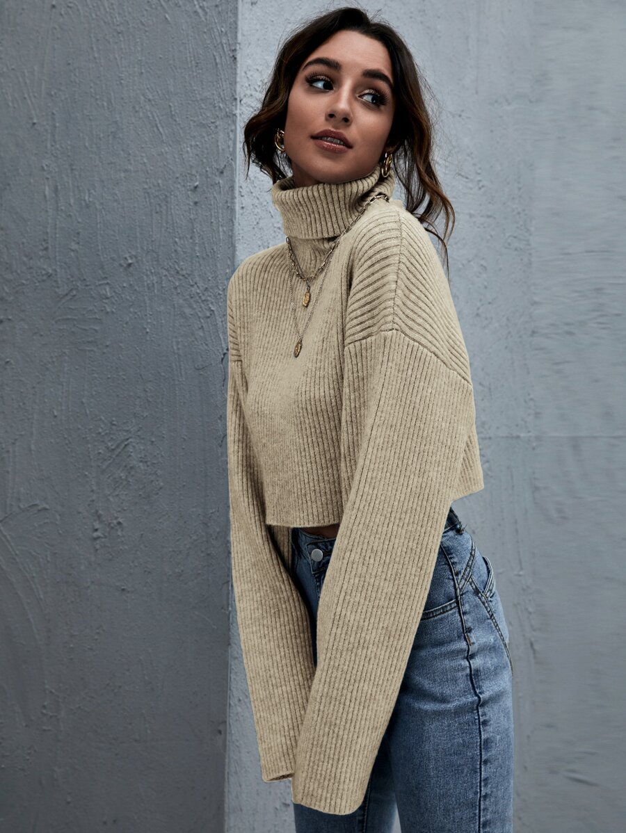 SHEIN Rolled Neck Drop Shoulder Crop Sweater | SHEIN UK