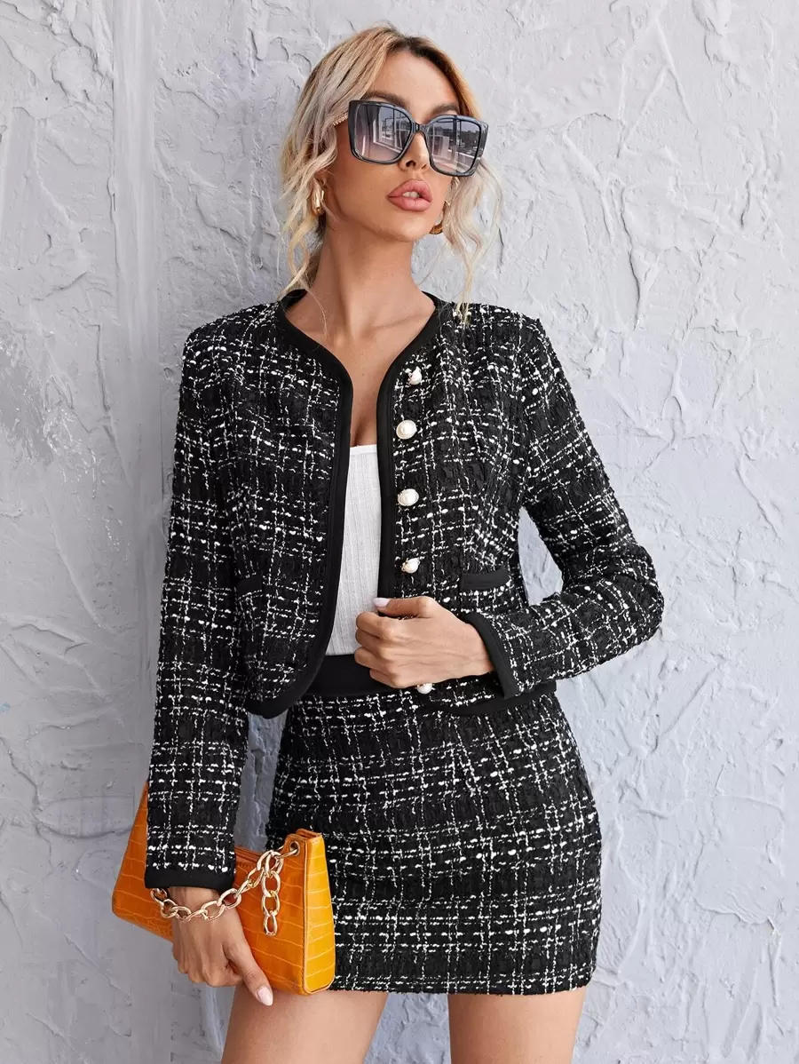 Single Breasted Plaid Tweed Jacket & Skirt Set | SHEIN USA