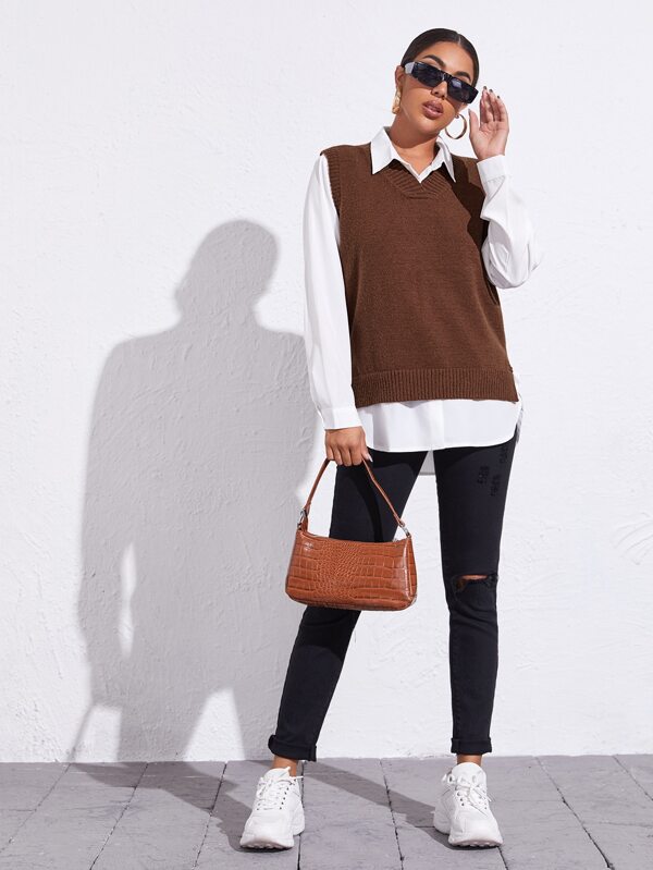 SHEIN Essnce High Low Hem Solid Sweater Vest | SHEIN USA