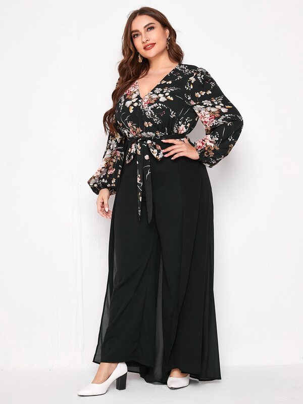SHEIN Clasi Plus Floral Print Lantern Sleeve Wide Leg Jumpsuit With ...
