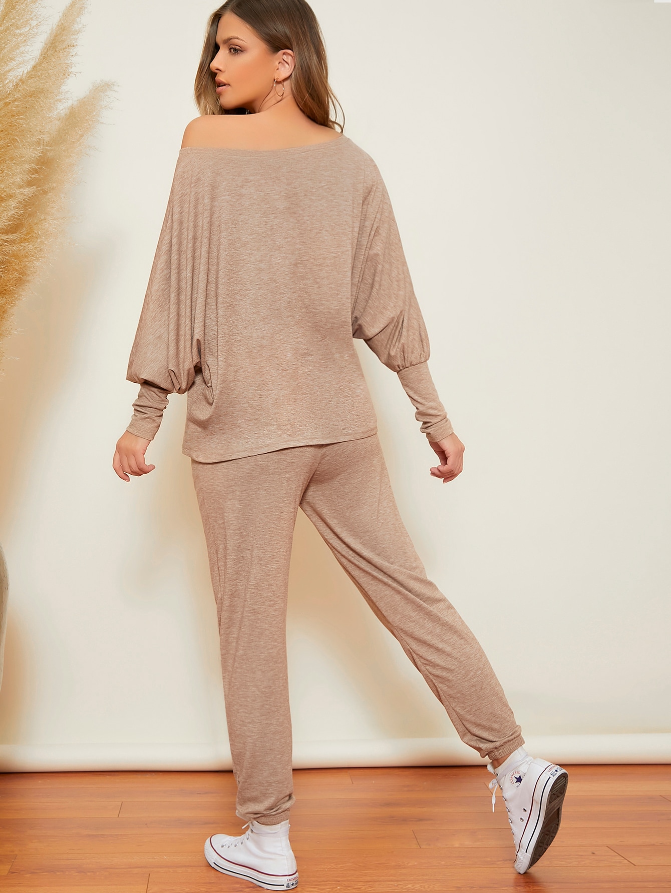 Shein Lune Batwing Sleeve Solid Top And Knot Waist Pants Set Shein Usa