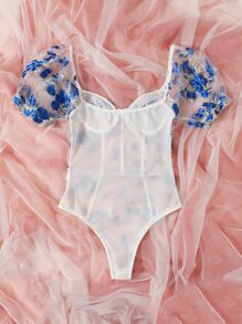 Floral Embroidered Mesh Teddy Bodysuit | SHEIN USA