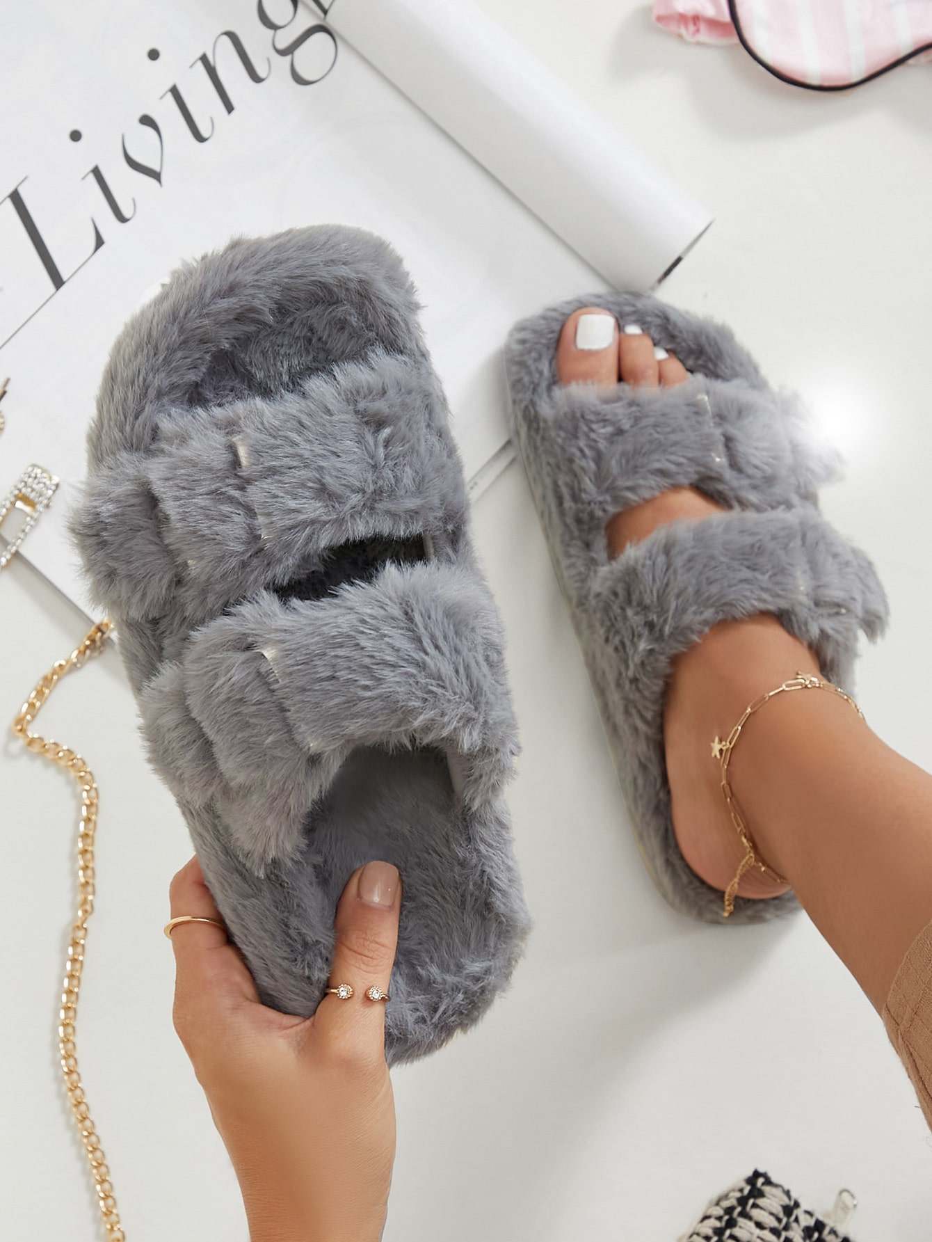 Plush Faux Fur Open-Toe Buckled Slippers