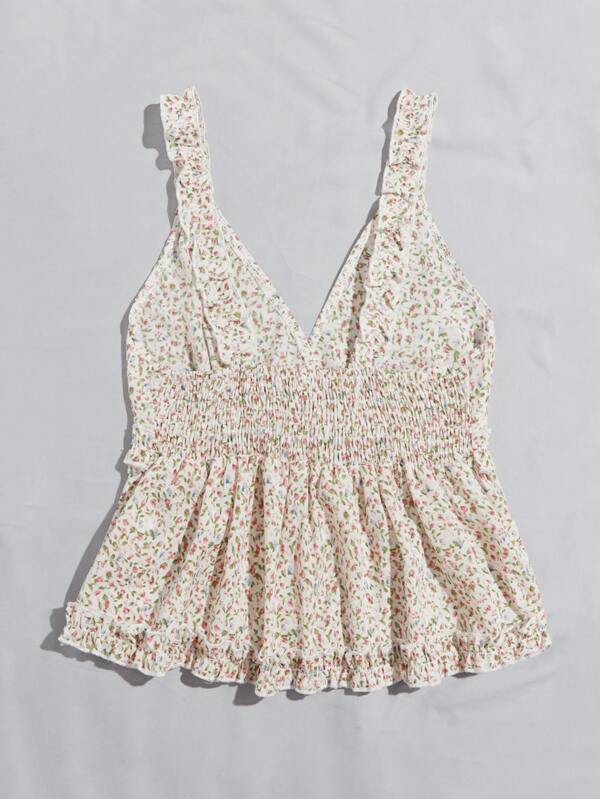 SHEIN VCAY Shirred Back Frill Trim Ditsy Floral Top | SHEIN USA