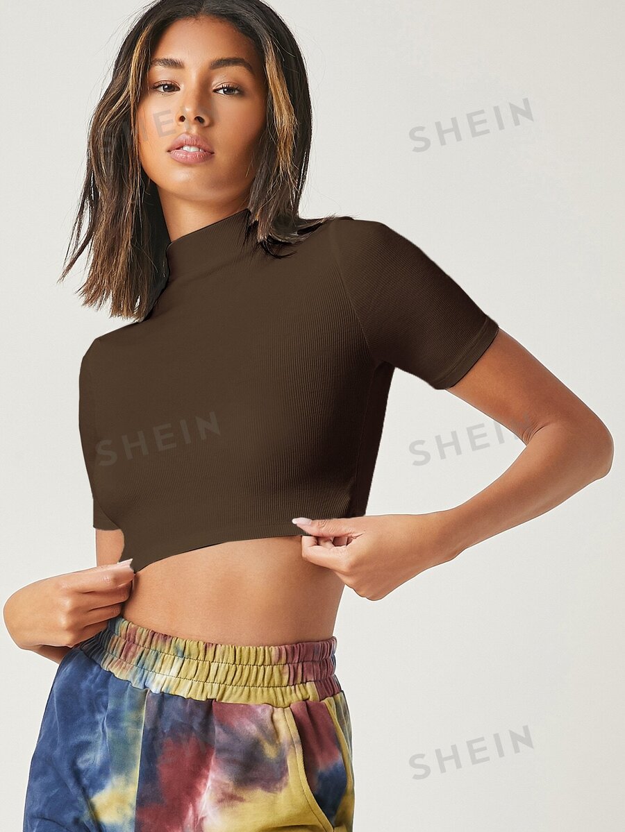 SHEIN BASICS Mock-Neck Rib-knit Crop Top | SHEIN USA