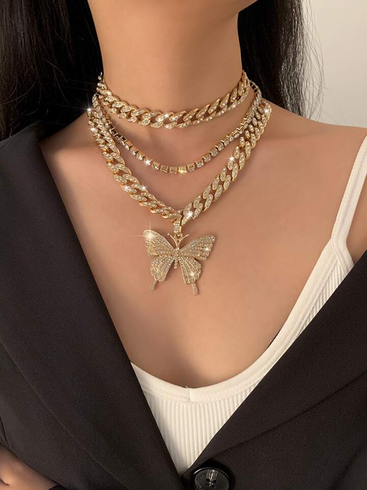 3pcs Rhinestone Butterfly Pendant Necklace SHEIN USA