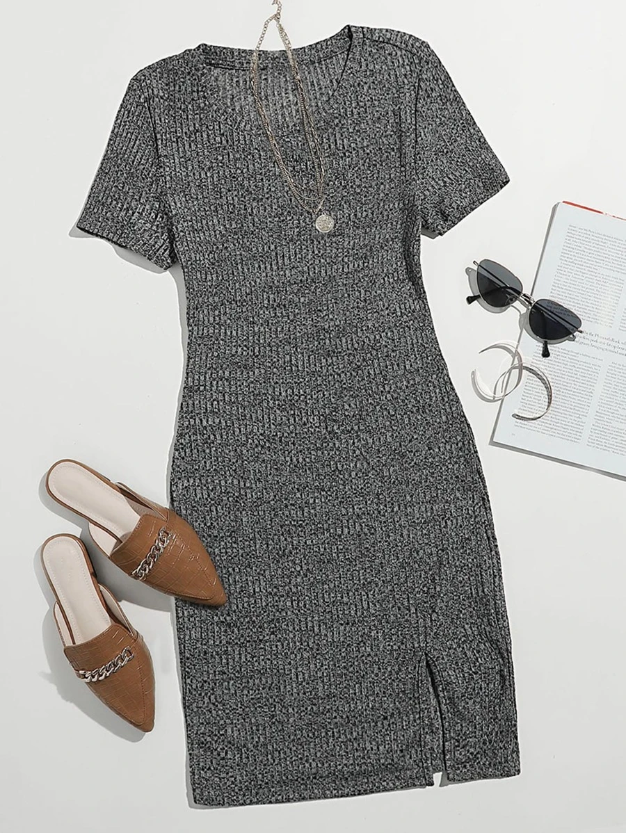 SHEIN Essnce Rib-knit Split Hem Dress | SHEIN USA