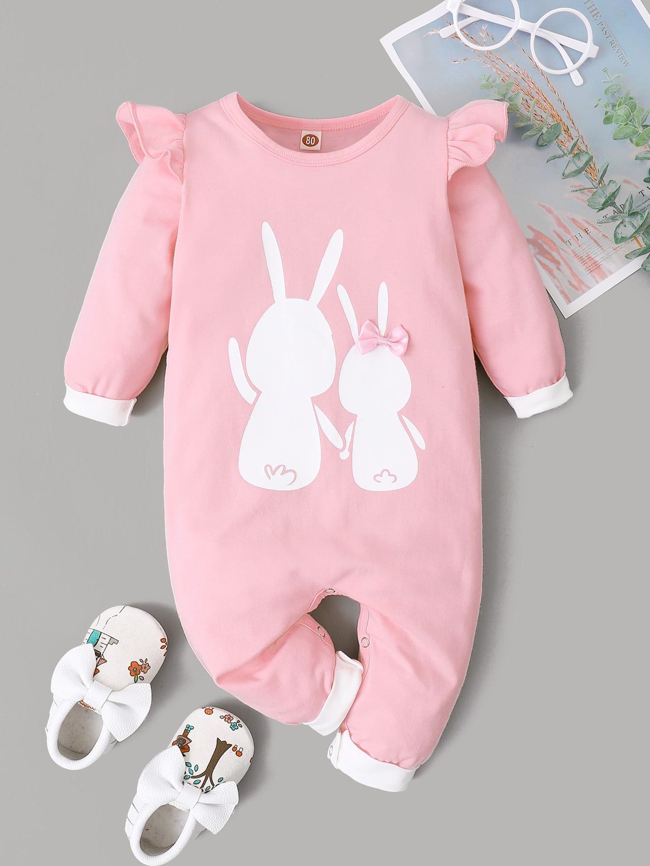 Baby Girl Rabbit Print Ruffle Trim Jumpsuit