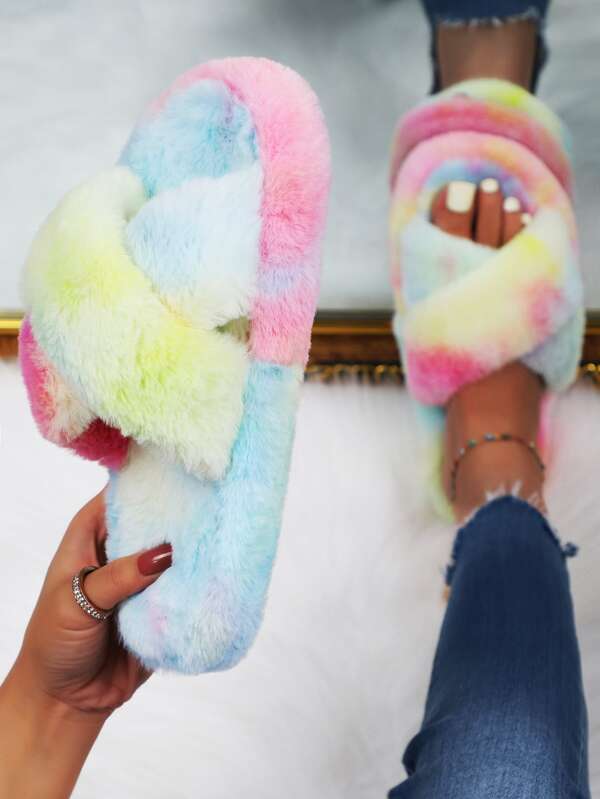 Ombre Cross Strap Fluffy Slippers | SHEIN USA