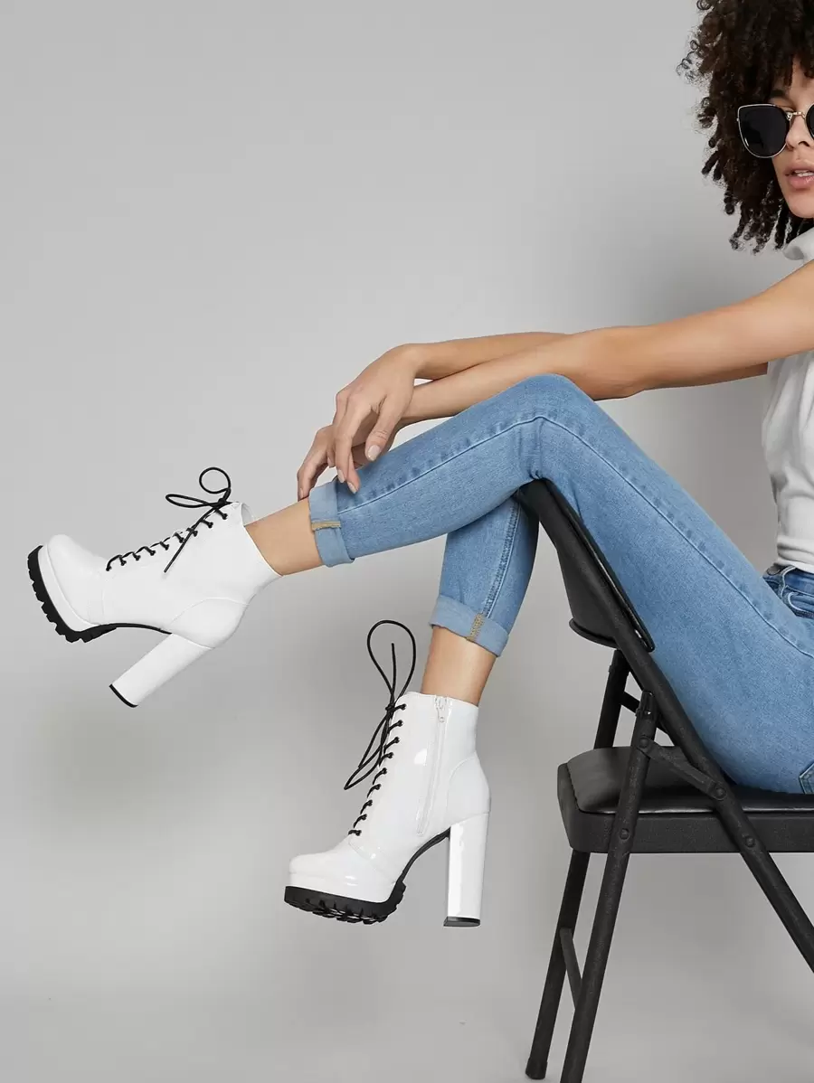 SHUZIA Women's Lace Up Chuncky Heeled Double Platform Lug Sole Shoe ...