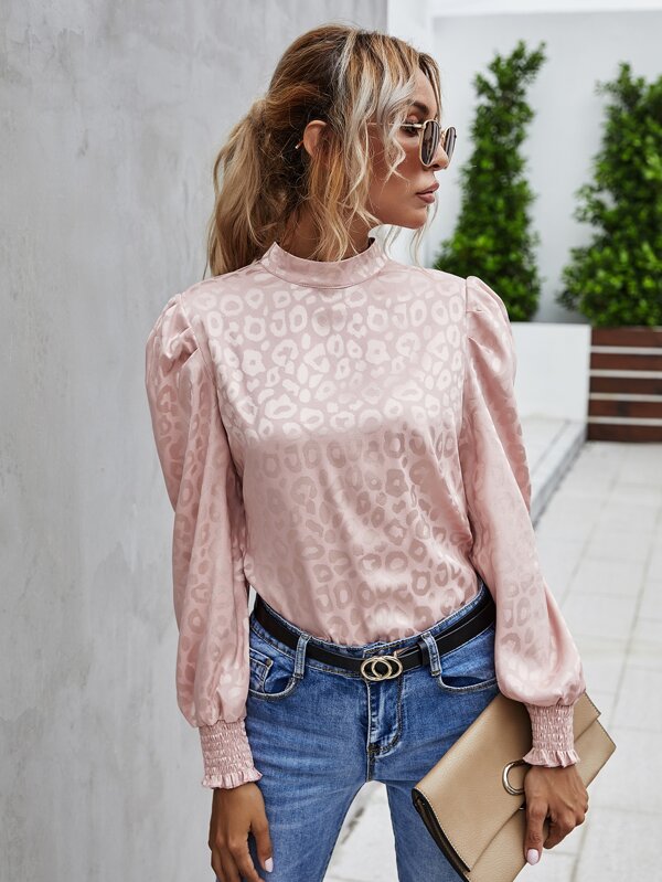 SHEIN LUNE Shirred Frill Puff Sleeve Satin Blouse | SHEIN USA