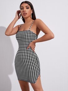 SHEIN Split Hem Houndstooth Bodycon Dress | SHEIN USA