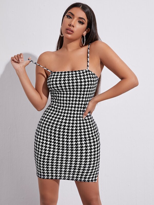 SHEIN Split Hem Houndstooth Bodycon Dress | SHEIN USA