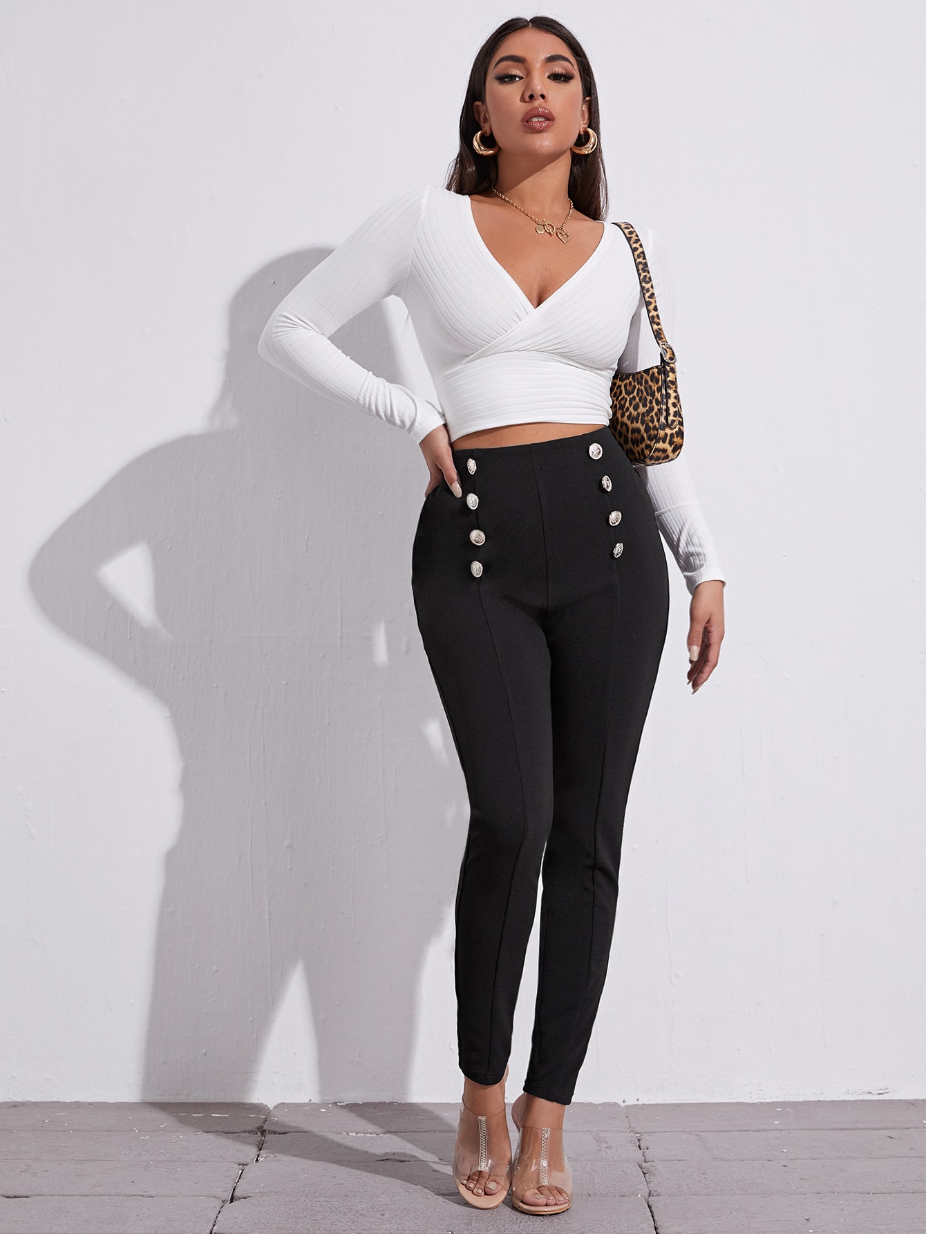SHEIN Privé Double Button Front Skinny Pants | SHEIN USA