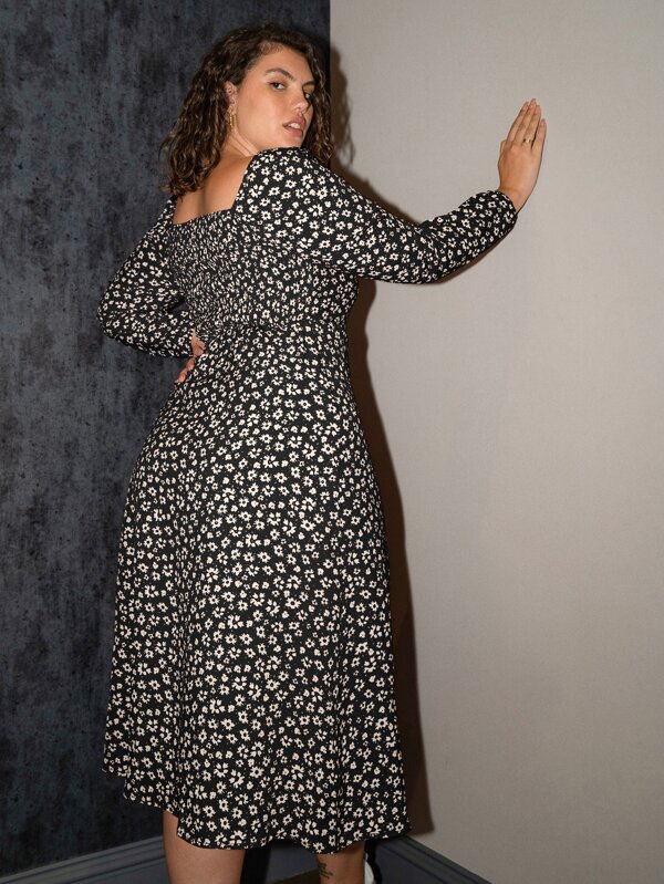 Plus Ditsy Floral Square Neck Split Thigh Milkmaid Dress | SHEIN UK