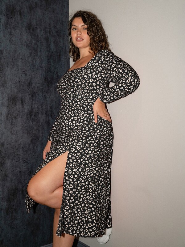 Plus Ditsy Floral Square Neck Split Thigh Milkmaid Dress | SHEIN UK