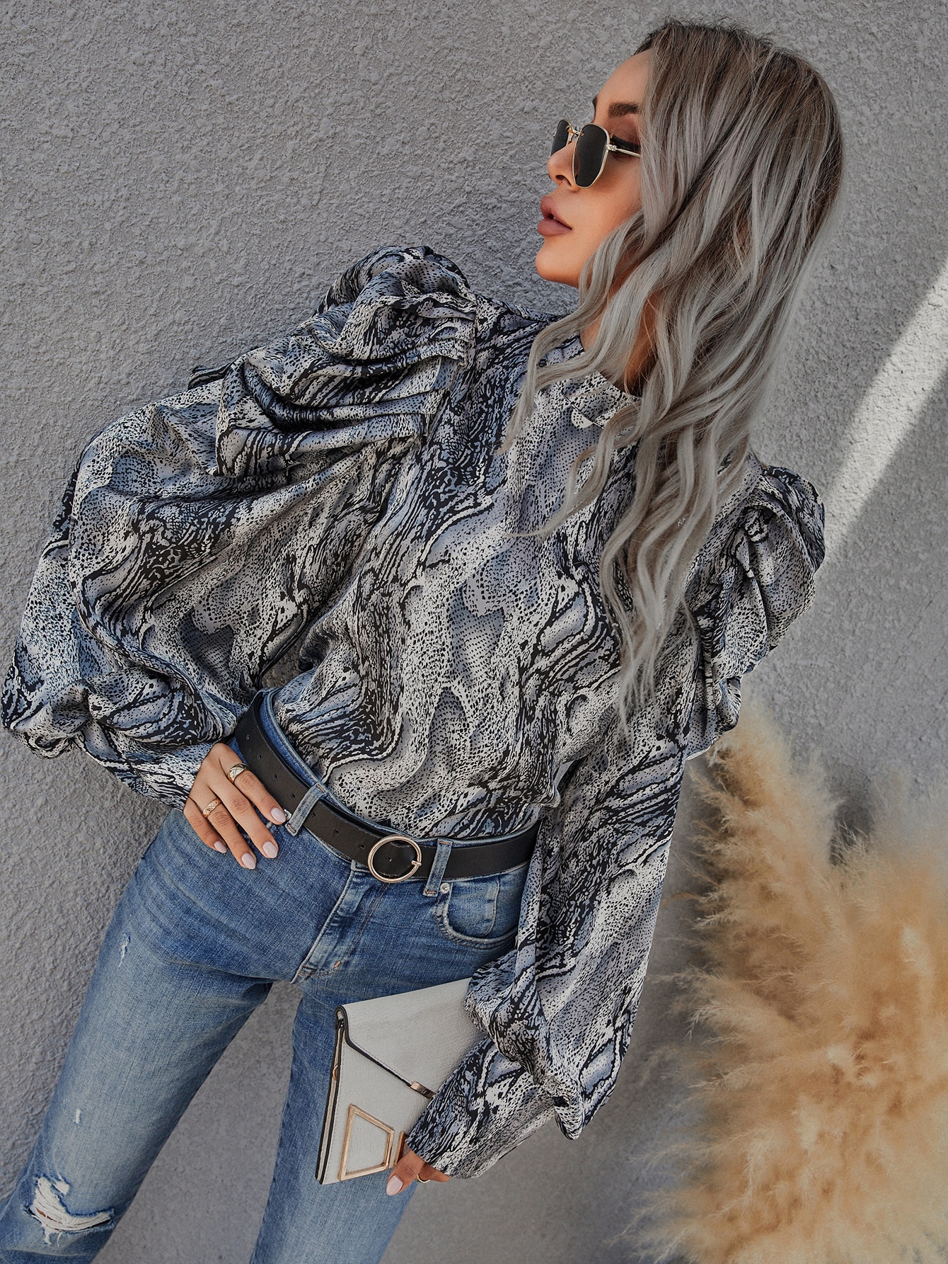 Stand Collar Snakeskin Print Puff Sleeve Blouse