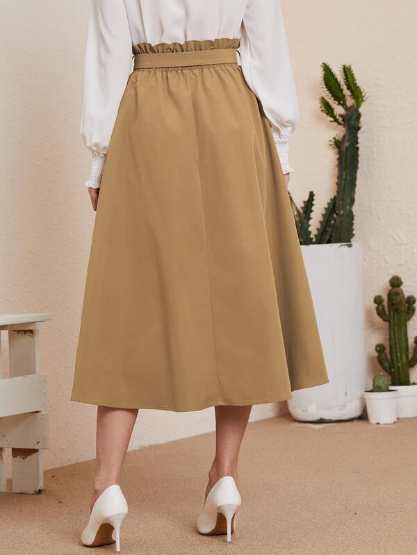 SHEIN Paperbag Waist Self Buckle Belted Double Button Detail Skirt | SHEIN USA