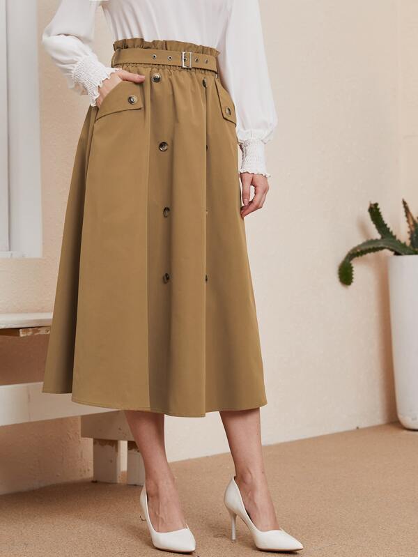SHEIN Paperbag Waist Self Buckle Belted Double Button Detail Skirt | SHEIN USA