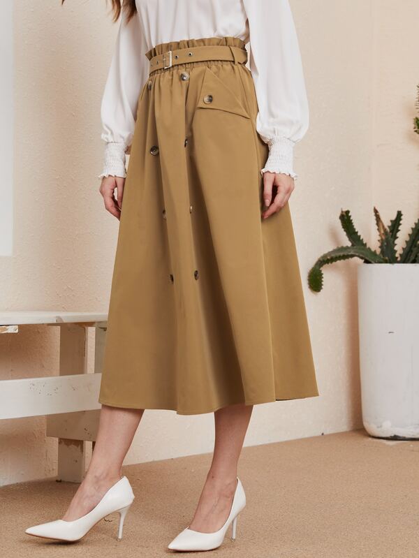 SHEIN Paperbag Waist Self Buckle Belted Double Button Detail Skirt | SHEIN USA