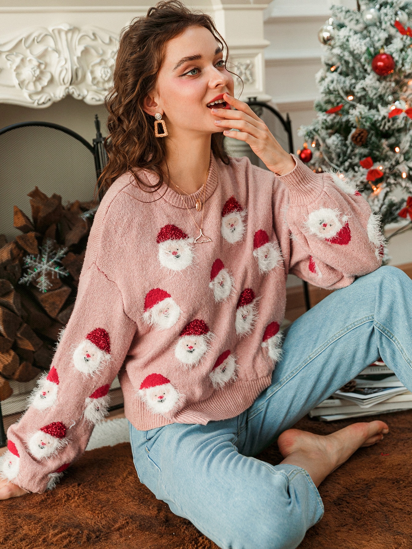 Simplee Drop Shoulder Santa Claus Pattern Jumper | SHEIN UK