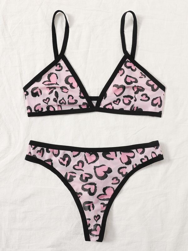 Heart Print Contrast Binding Lingerie Set Shein Usa
