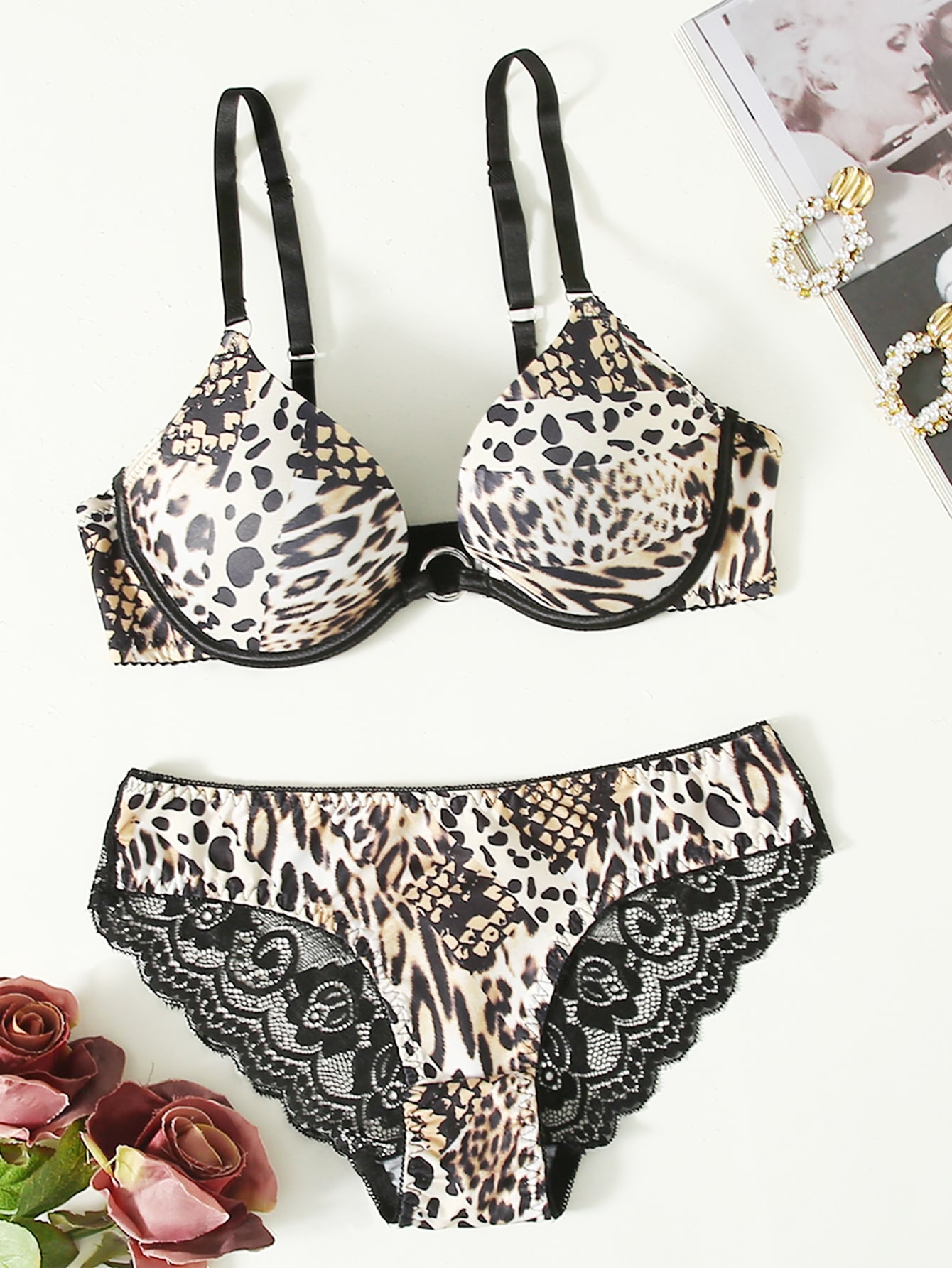 طقم حمالة صدر مع لباس داخلي رفيع مشد المتباين خط الفهد جذابة