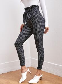 SHEIN BIZwear Tie Front Paperbag Waist Plaid Skinny Pants Workwear | SHEIN USA