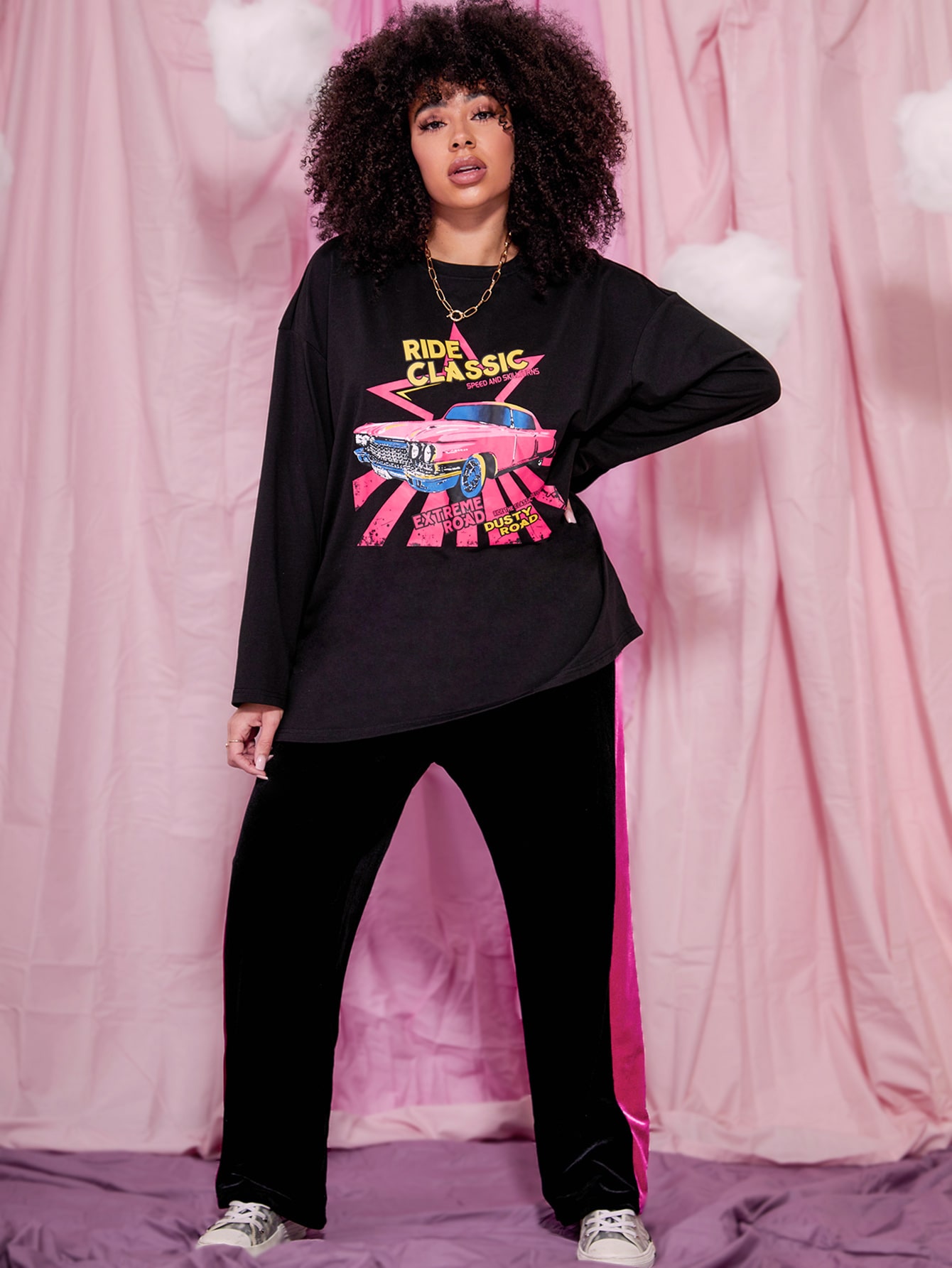 Plus Letter and Car Print Drop Shoulder Tee