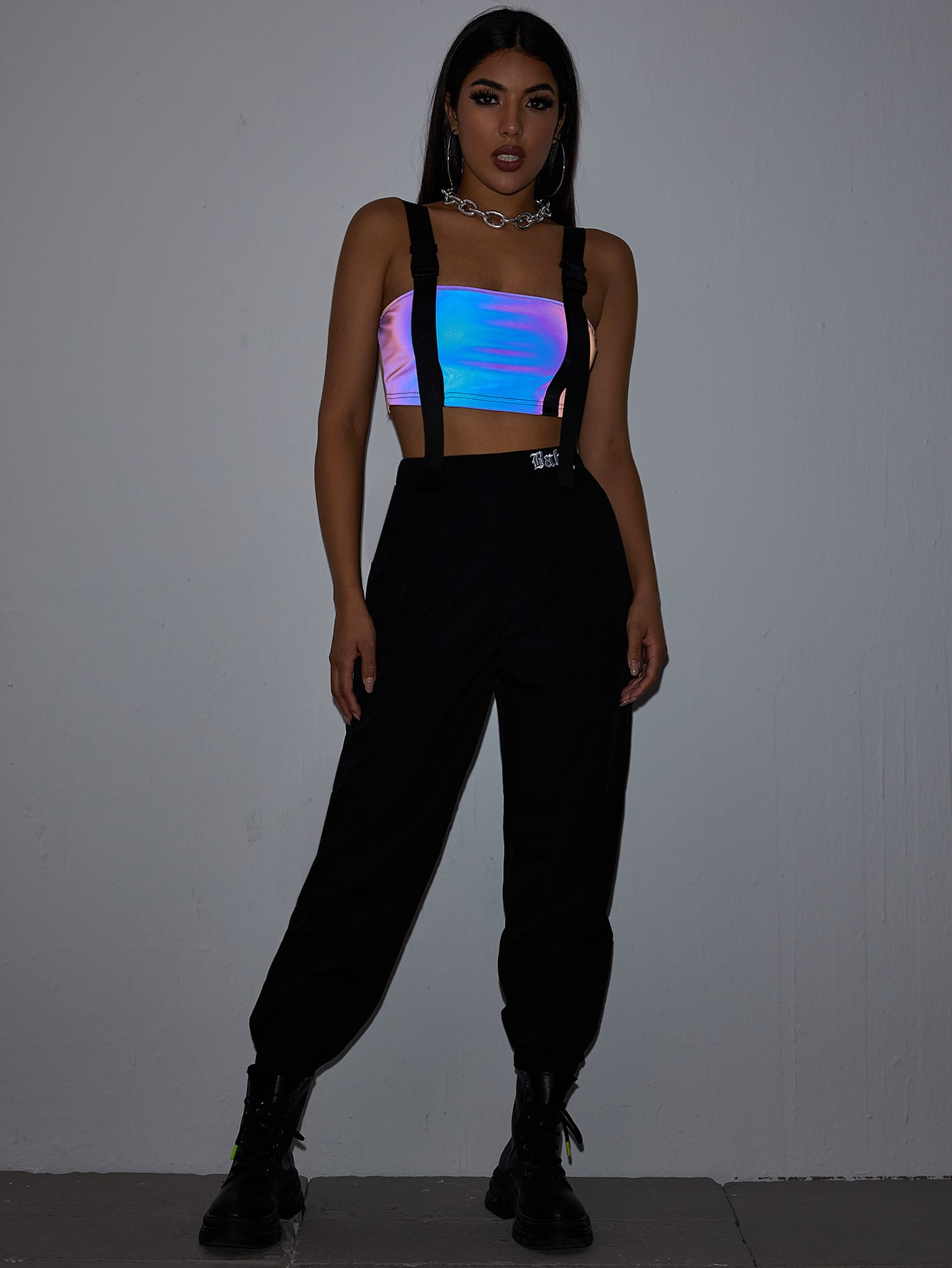 Buckle Straps Reflective Holographic Crop Top | SHEIN EUR