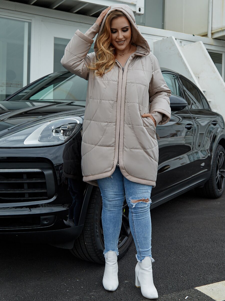 Plus Zip Up Slant Pocket Hooded Puffer Coat | SHEIN UK