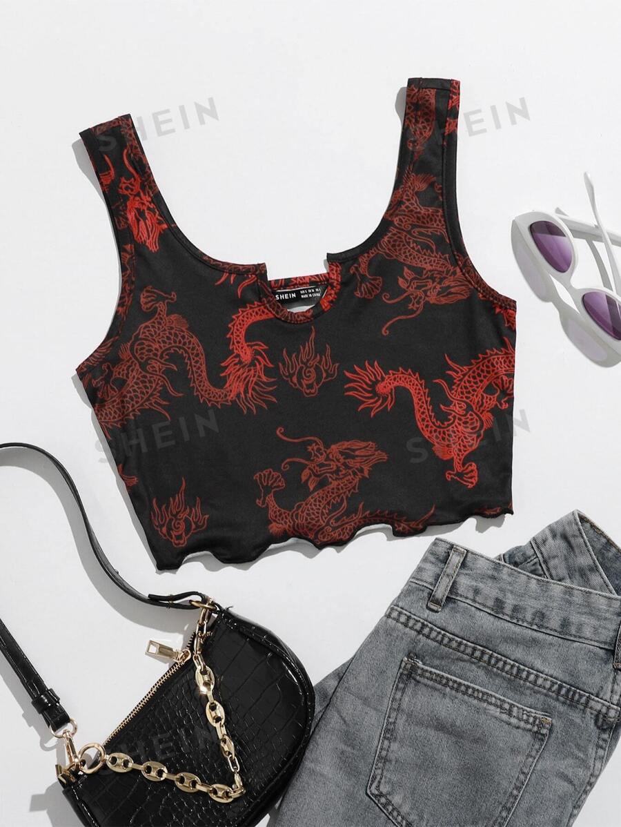 SHEIN EZwear Top tank corto ribete en forma de lechuga con estampado de ...