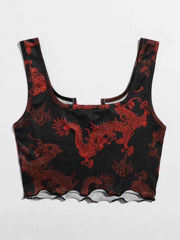 Shein Coolane Top Tank Corto Ribete En Forma De Lechuga Con Estampado