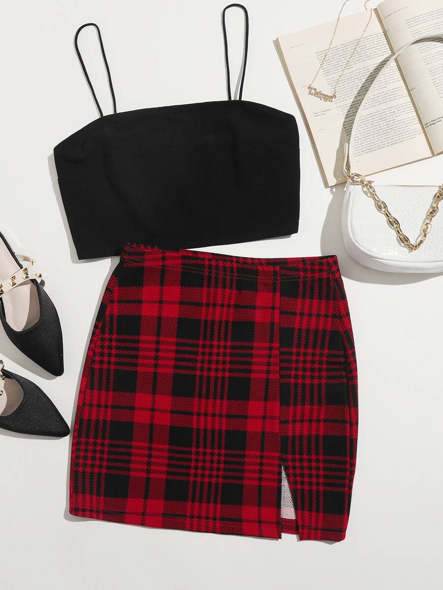 SHEIN Essnce Crop Cami Top and Split Hem Skirt Set | SHEIN USA