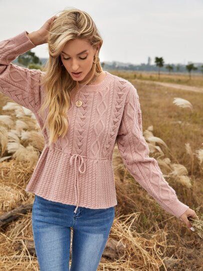 Drawstring Knot Diamond & Cable Knit Peplum Sweater | SHEIN USA