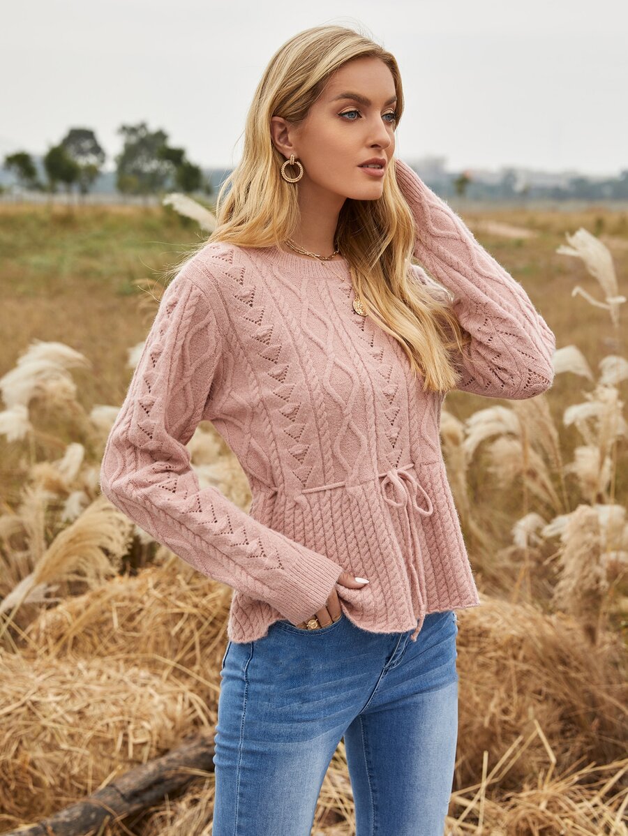 Drawstring Knot Diamond & Cable Knit Peplum Sweater | SHEIN USA