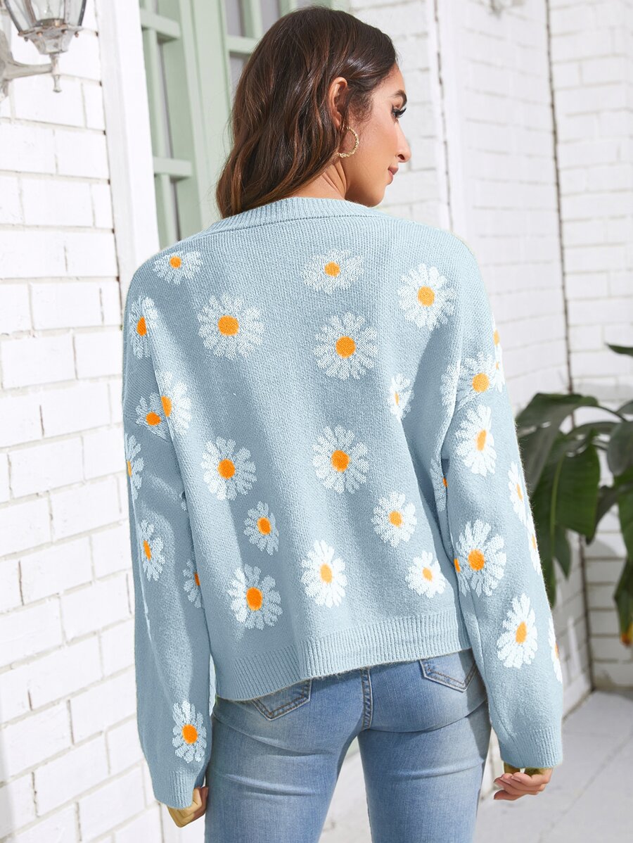 SHEIN Essnce Button Front Daisy Floral Pattern Cardigan | SHEIN