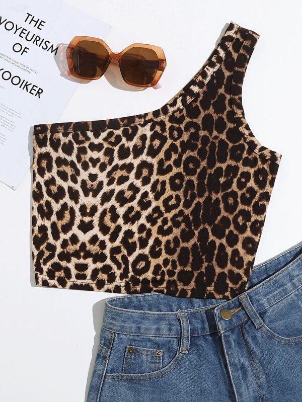 SHEIN Privé Leopard One Shoulder Crop Top | SHEIN USA