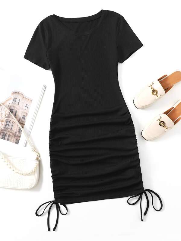 Drawstring Side Rib-knit Bodycon Dress | SHEIN