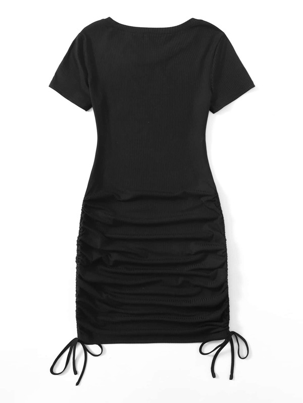 Drawstring Side Rib-knit Bodycon Dress | SHEIN