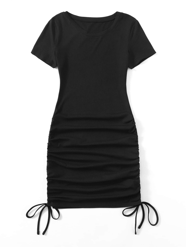Drawstring Side Rib-knit Bodycon Dress | SHEIN