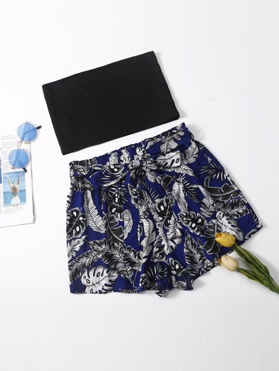 Solid Tube Top With Tropical Print Belted Shorts