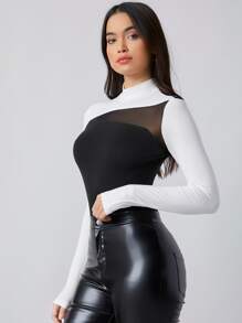 SHEIN Privé Mock Neck Contrast Mesh Colorblock Tee | SHEIN USA